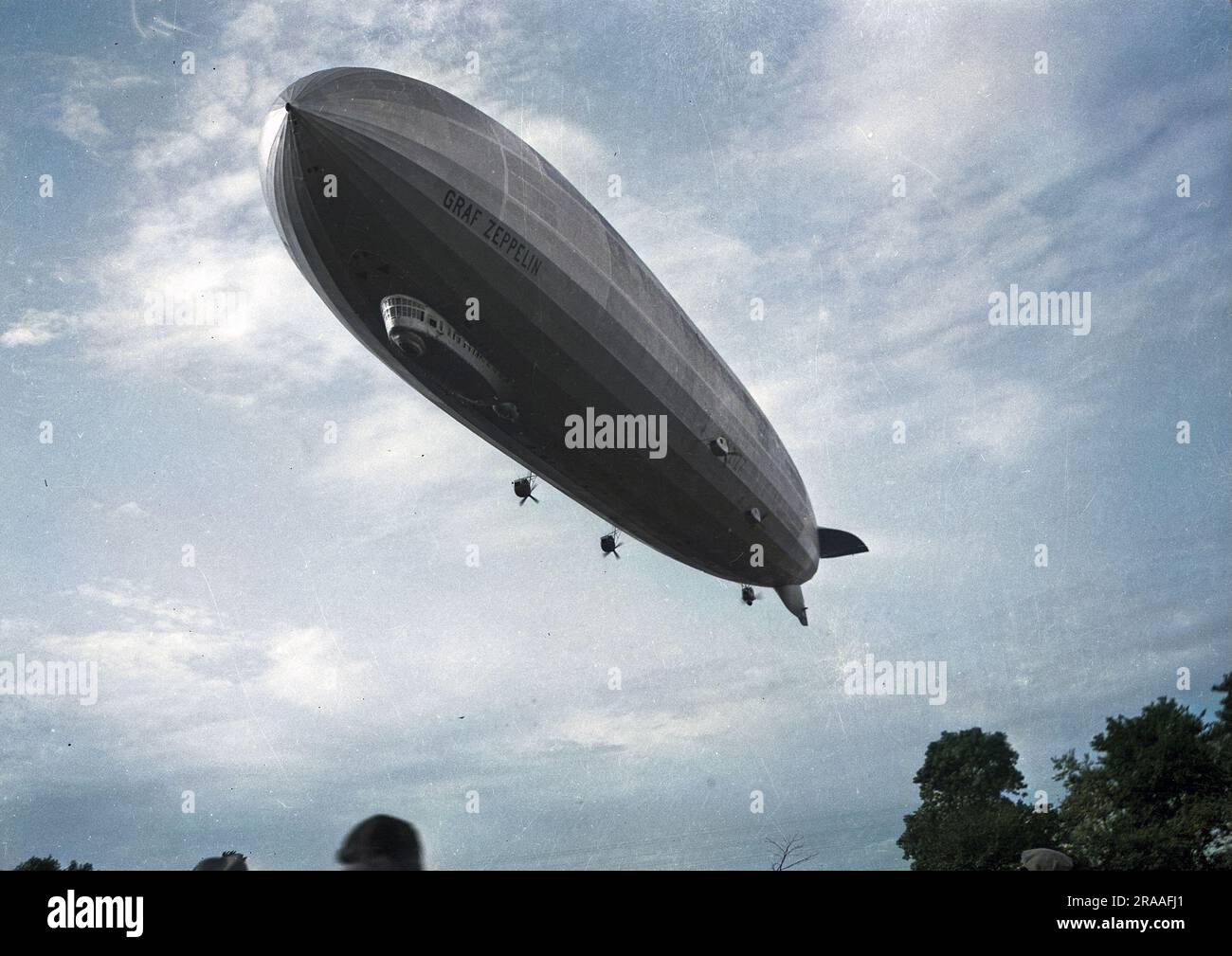 The German Graf Zeppelin airship in flight, viewed from below Stock ...