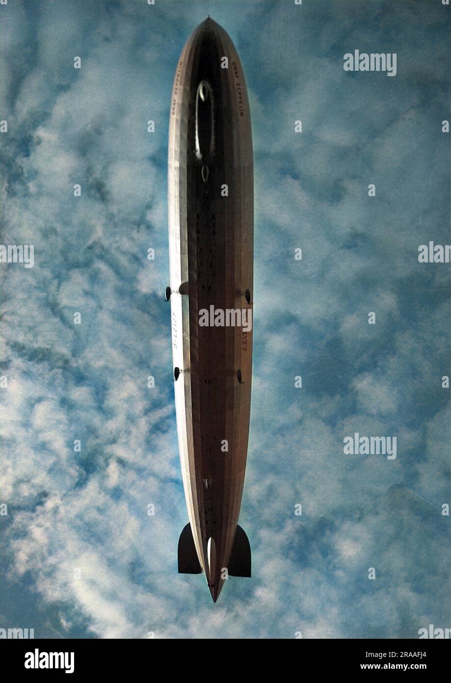 The German Graf Zeppelin airship in flight, viewed from directly below ...