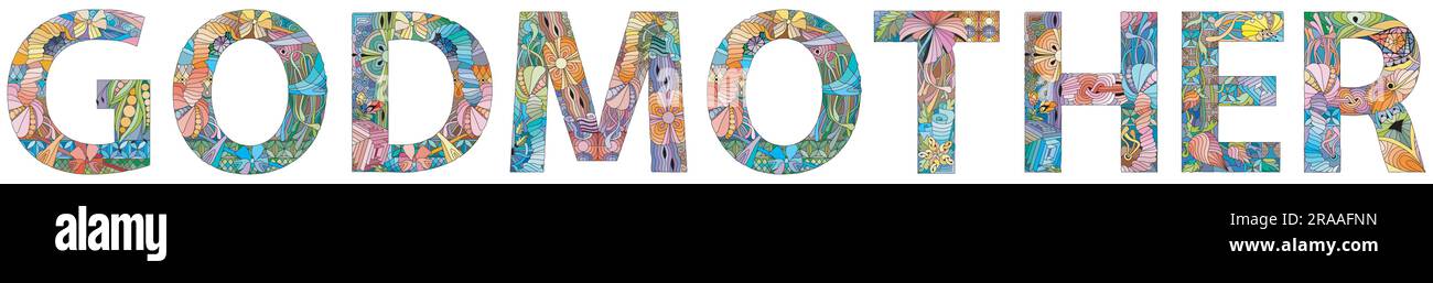 Hand-painted art design. Hand drawn illustration word GODMOTHER for t ...