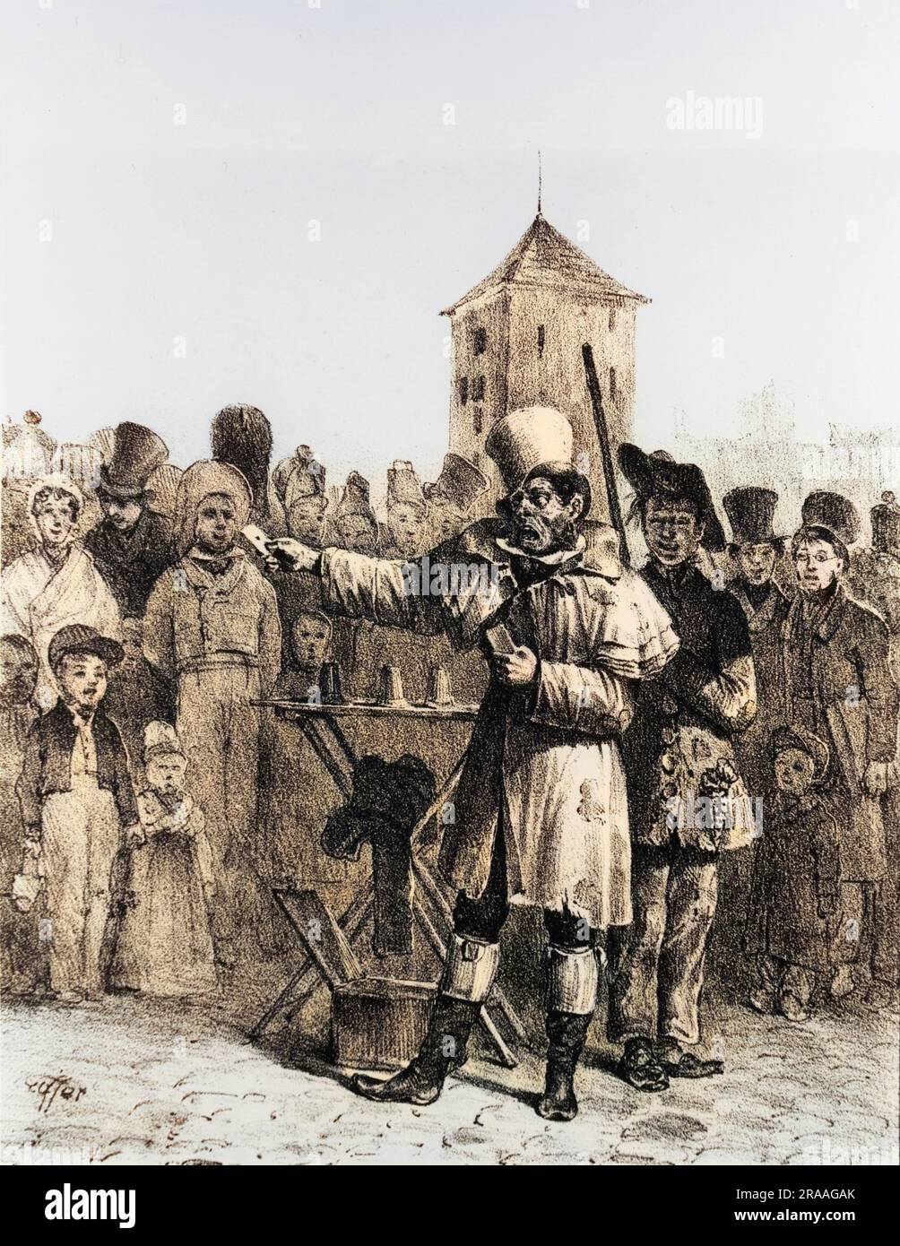 A thin, top hat wearing French street conjuror shows a playing card to ...