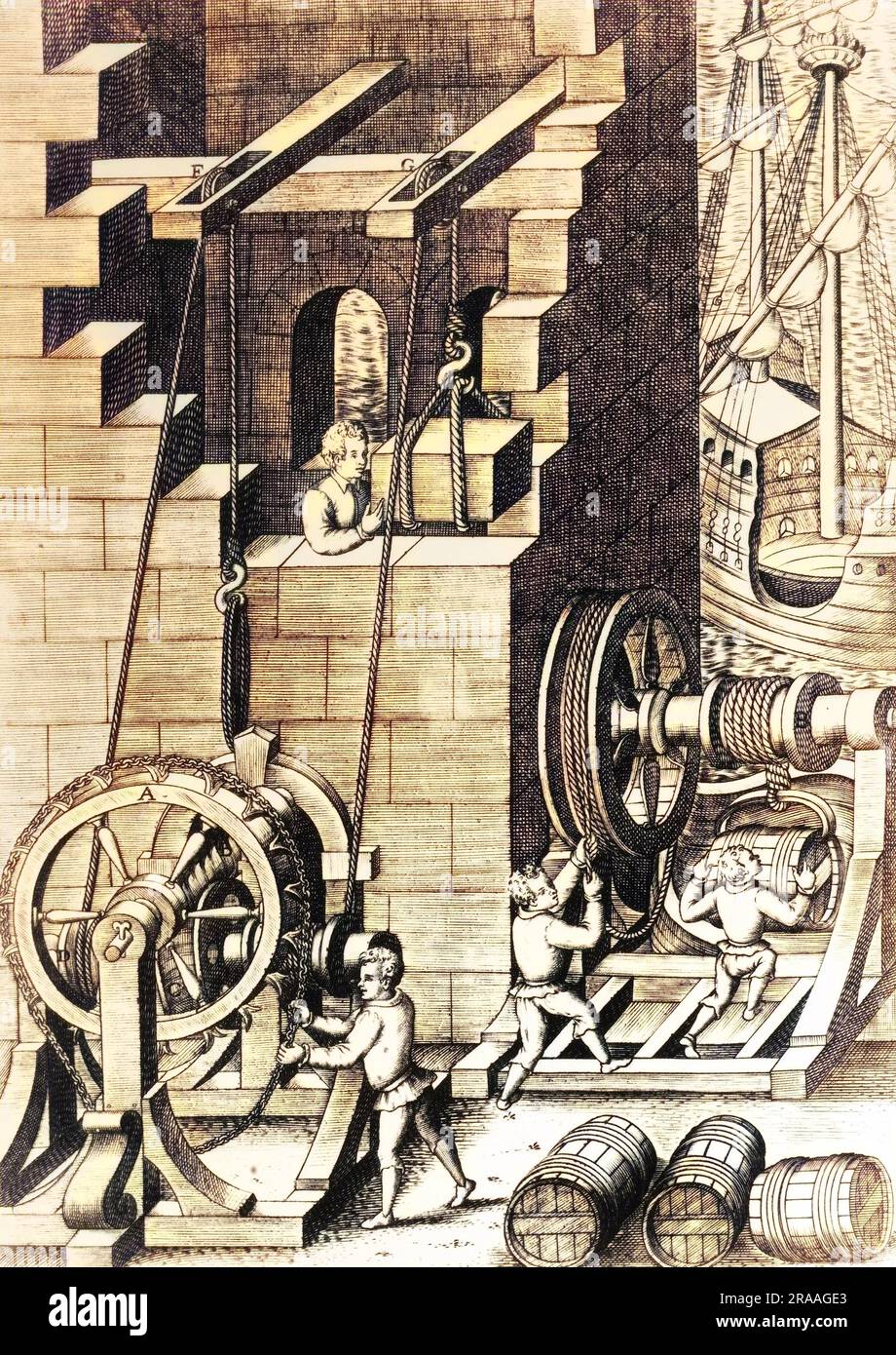 An engraving of a 16th century european construction technique using a ...
