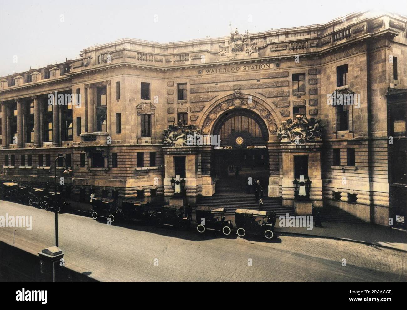 View of the famous main entrance to Waterloo Station, London. According ...