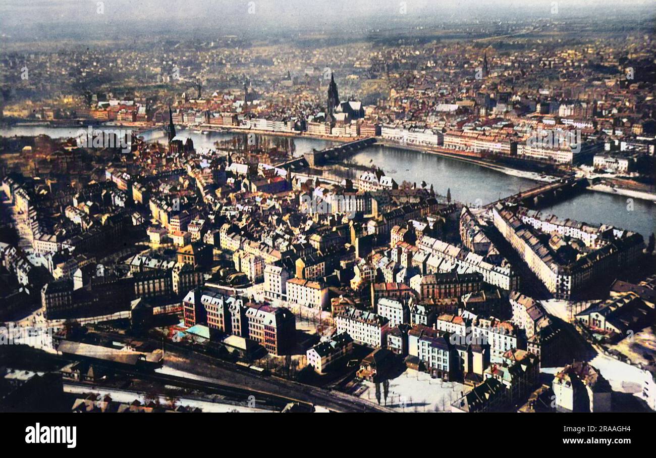 Aerial view of Frankfurt, Germany, from a Zeppelin airship. Date: circa ...
