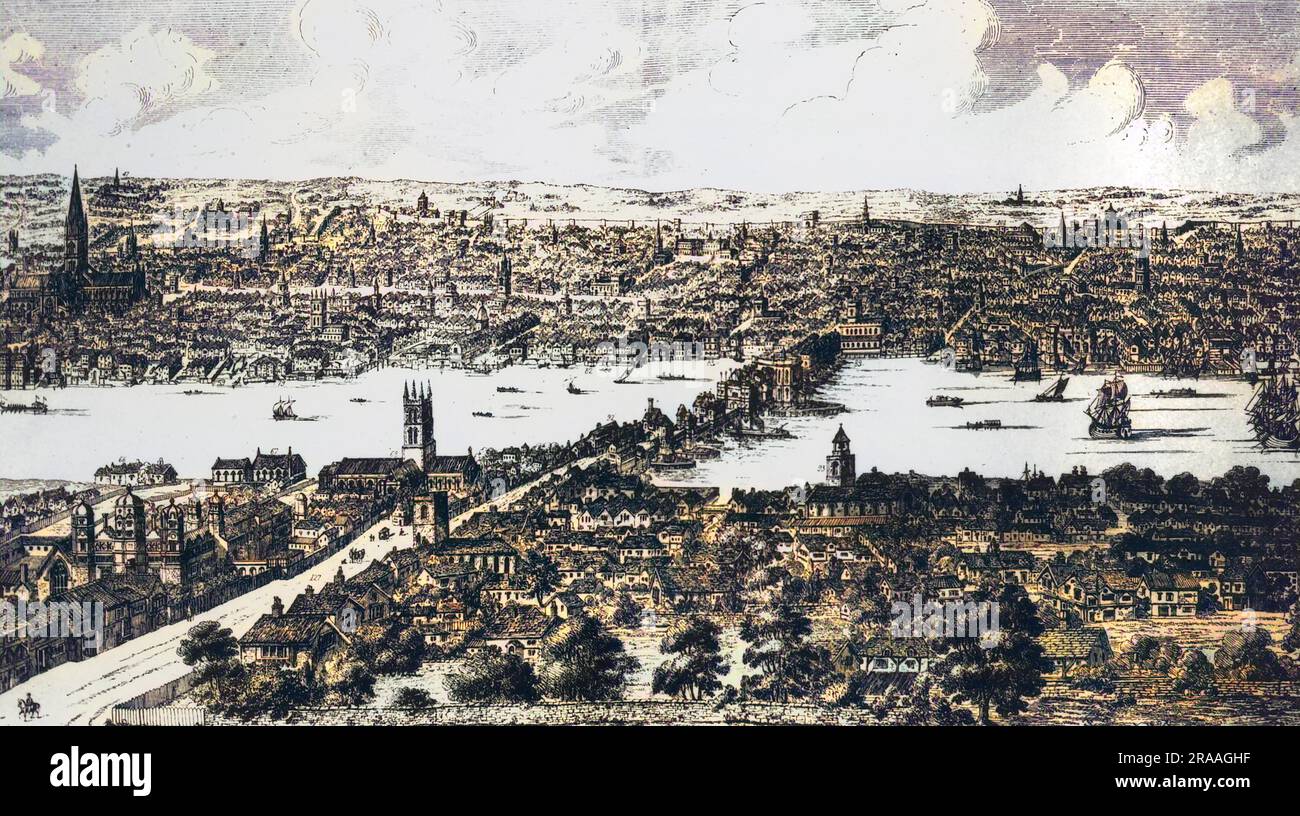 General aerial view of Old London Bridge, London, looking northwards ...