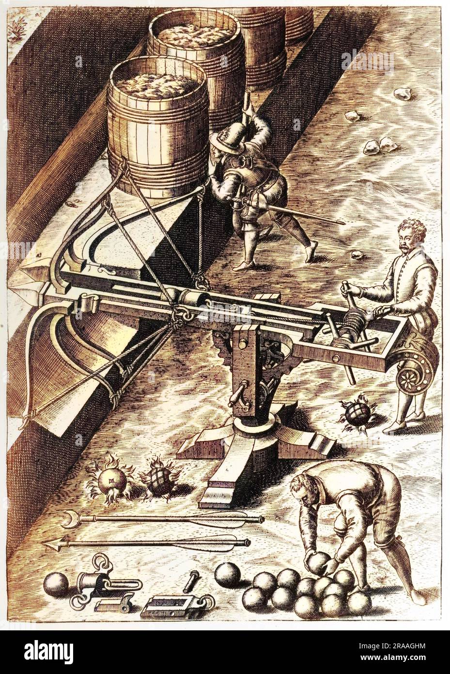 A detailed drawing of a 16th century catapult, indicating its various ...