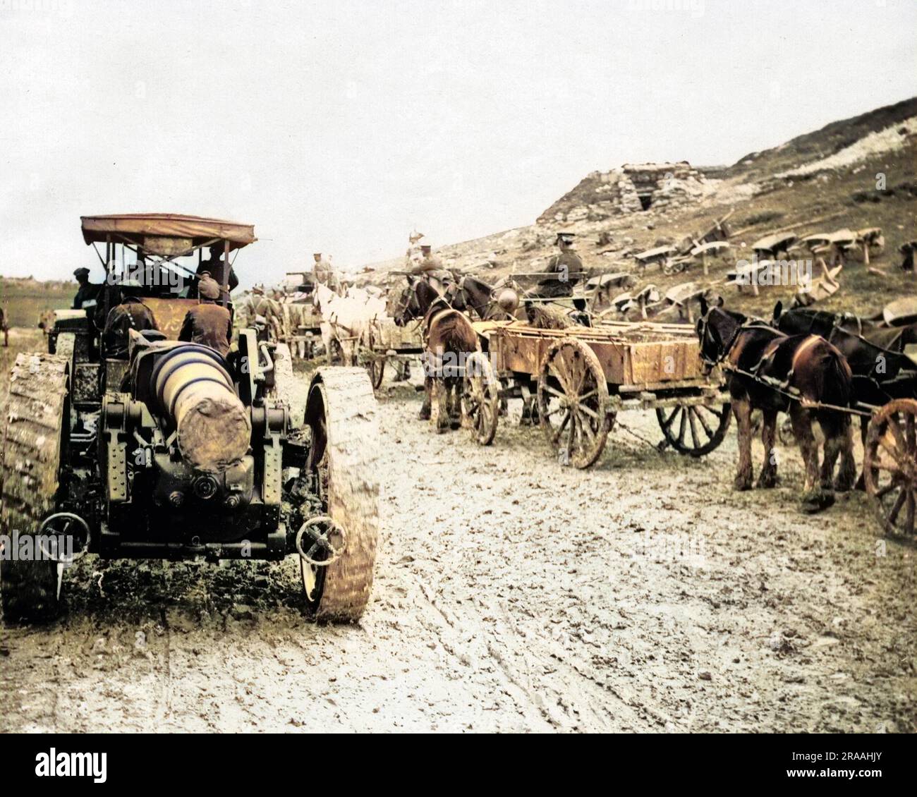 Scene on a road on the Western Front during World War One, with various ...