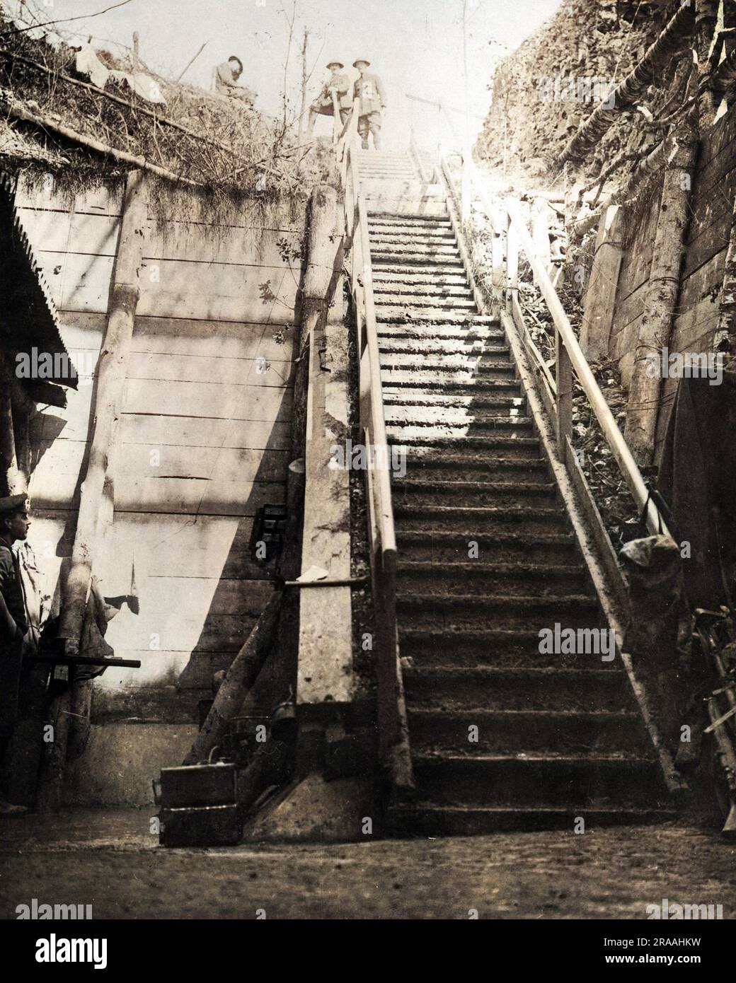 Entrance to a captured German dugout on the Western Front during World ...
