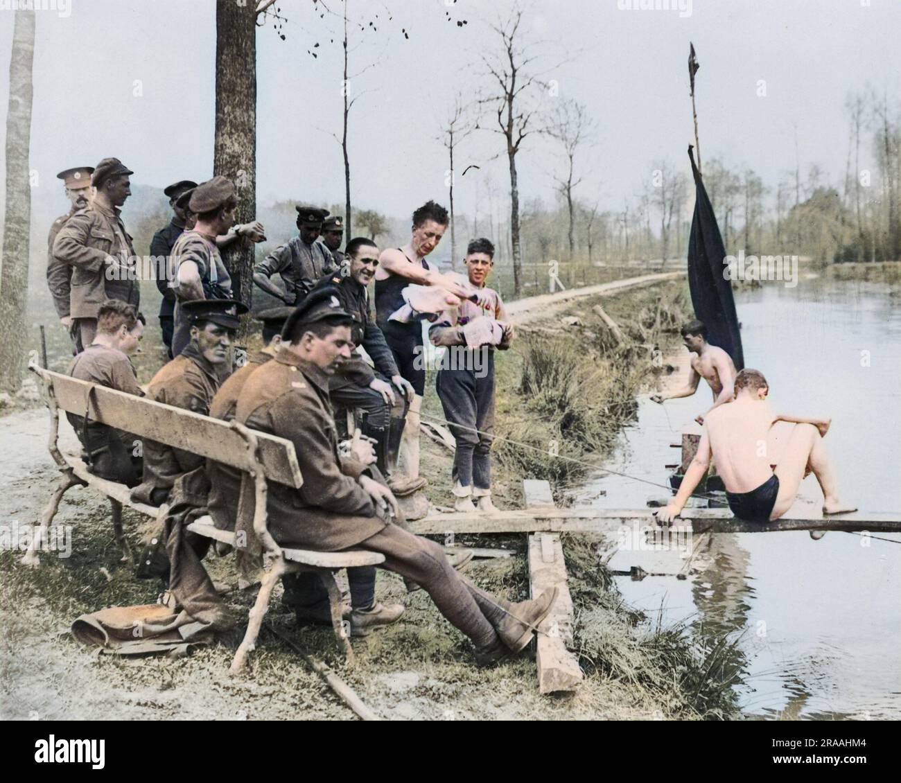 British soldiers relaxing and swimming during a break in fighting, on ...