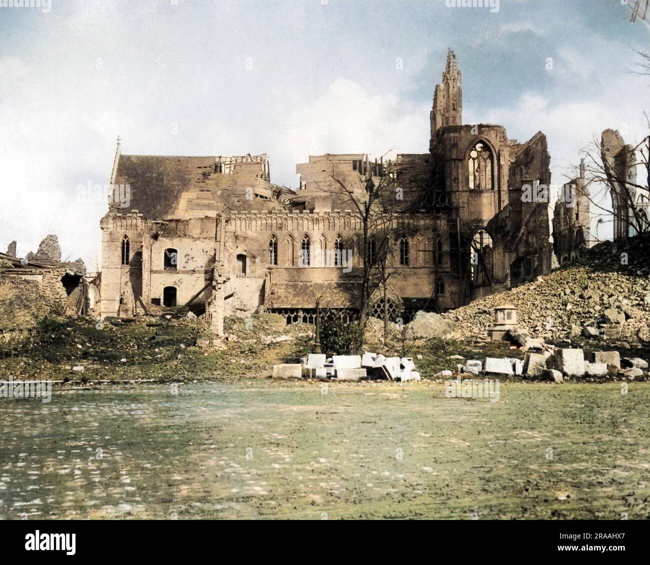 General view of Ypres Cathedral, Belgium, after bombing on the Western ...