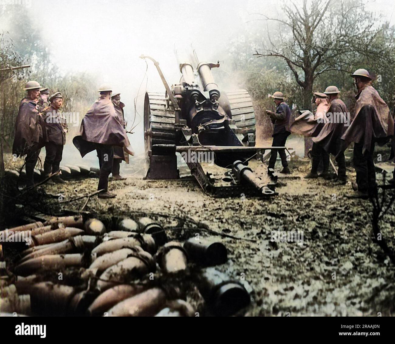 British gunners in action against the Germans in the pouring rain on ...