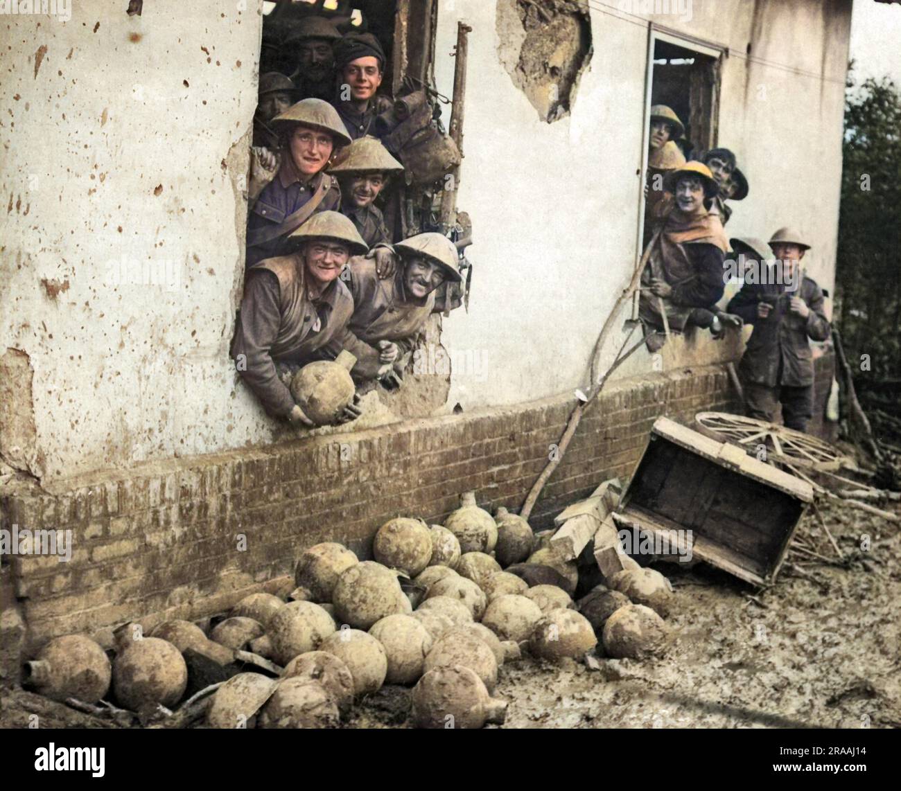 British soldiers in a bombed building on the Western Front in France ...