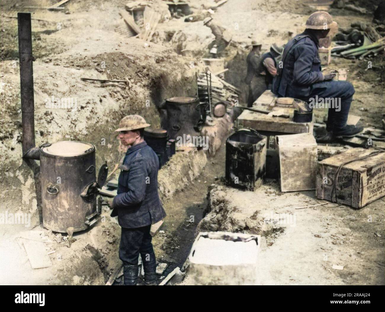 British soldiers in a trench with kitchen equipment, on the Western ...