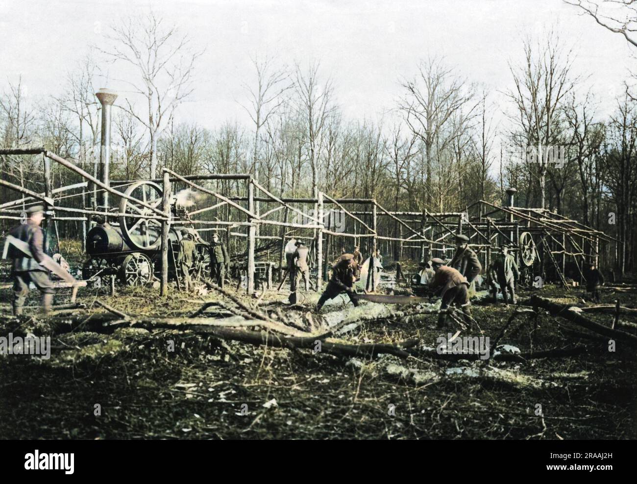 British troops building a sawmill on the Western Front during World War ...