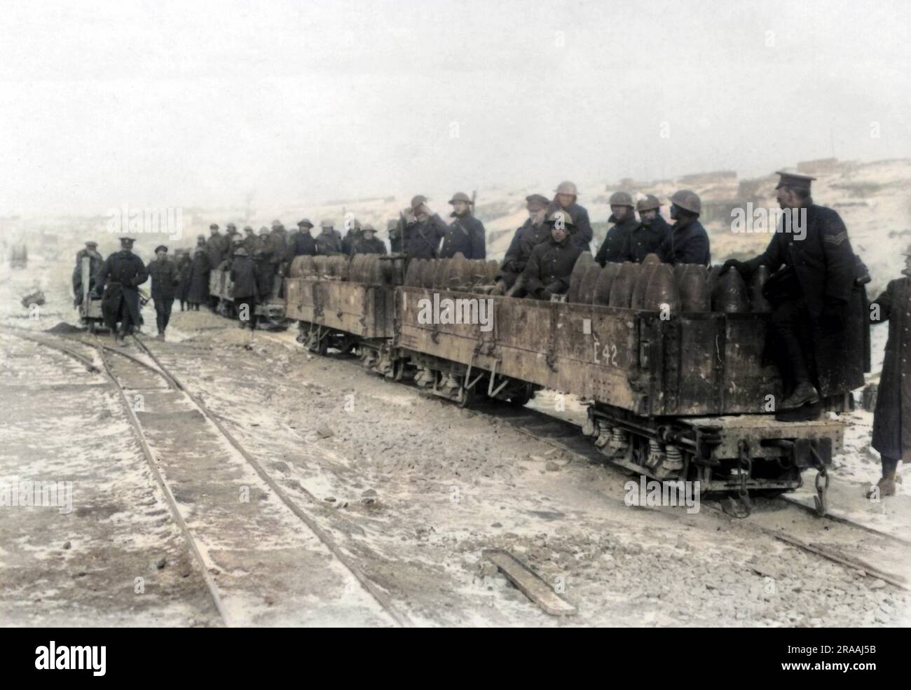 Allied soldiers riding on a small ammunition train on the Western Front ...