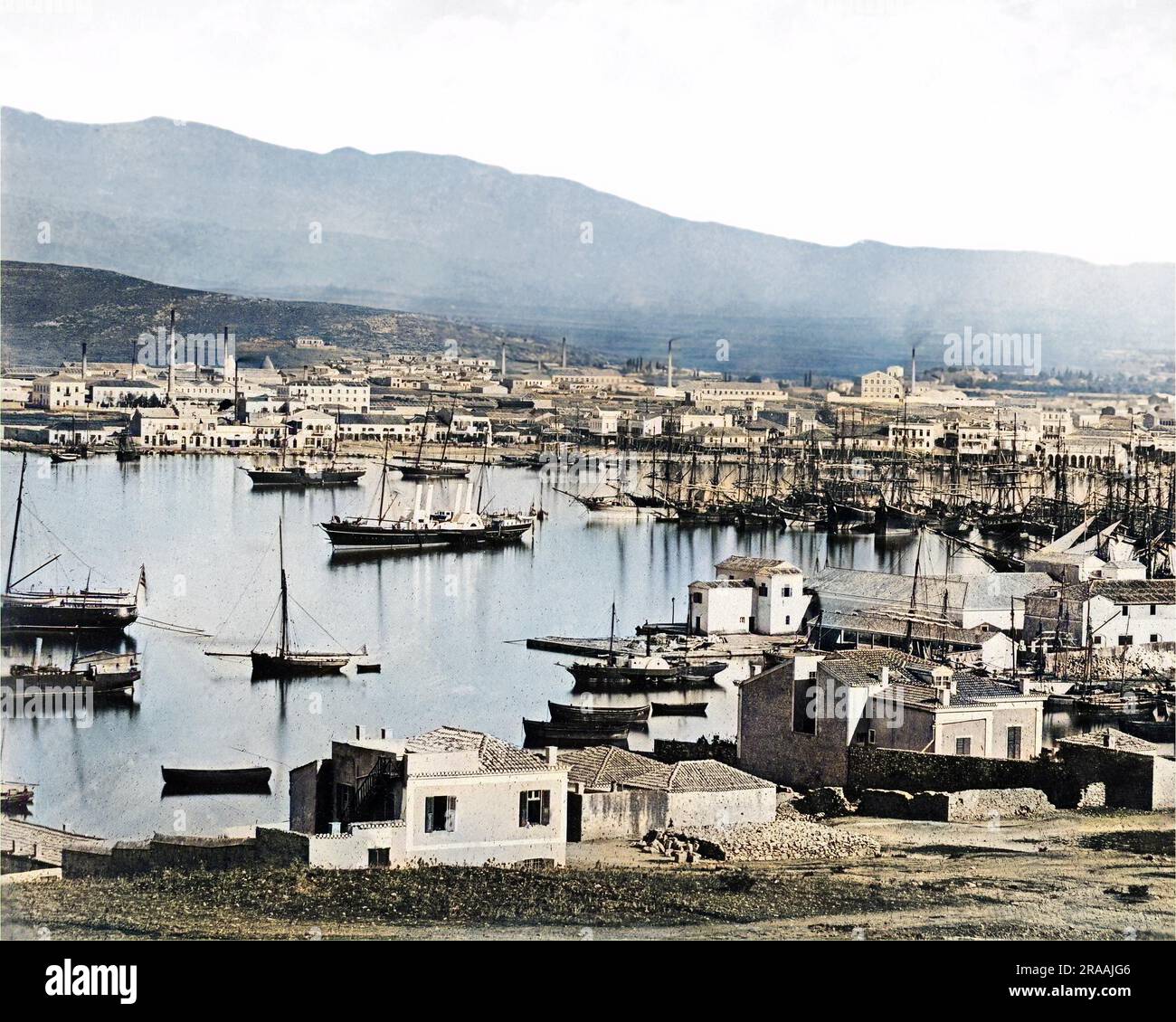 View of Piraeus harbour, Greece. Date: circa 1870 Stock Photo - Alamy