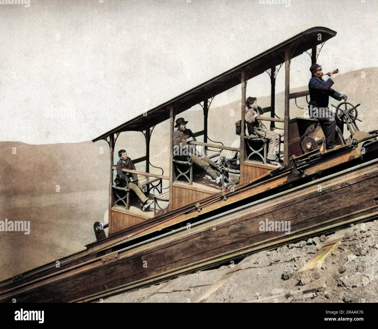 Funicular railway climbing a slope of Mount Vesuvius, Italy. Date: late ...
