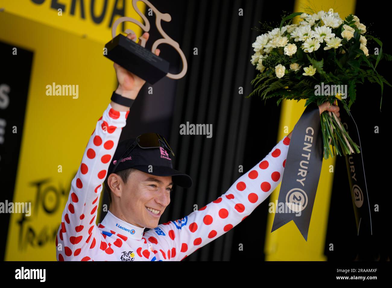 Neilson Powless of the U.S., wearing the best climber's dotted jersey ...