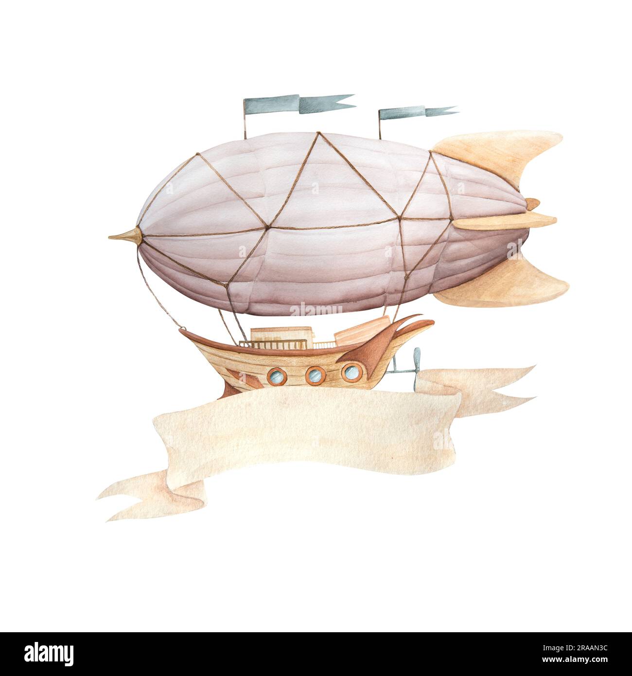 Watercolor illustration of vintage airship or dirigible and vintage ...