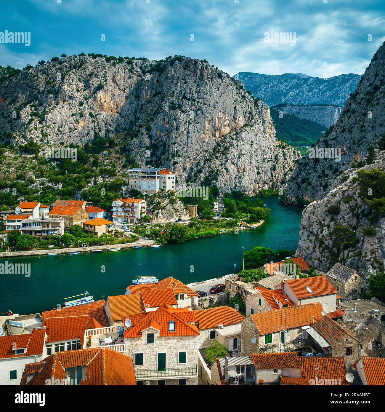 Beautiful view with winding Cetina river and Omis. Gorge with majestic ...