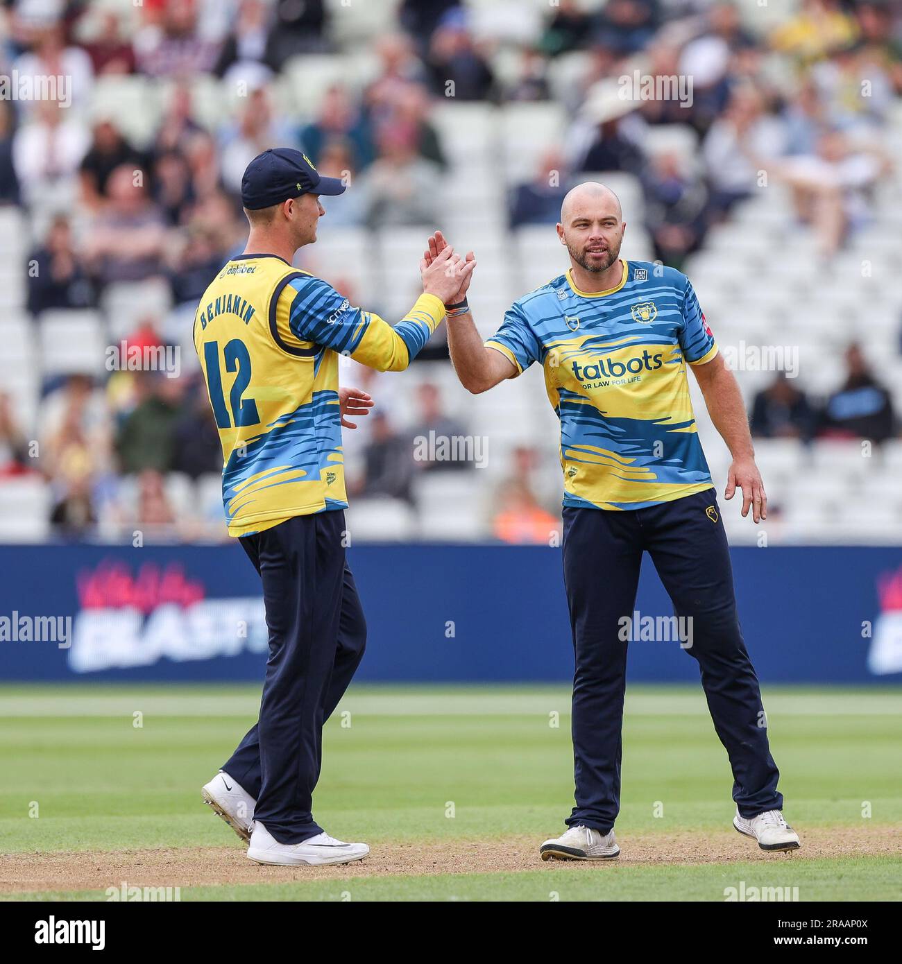 Birmingham, UK. 02nd July, 2023. Bears' Chris Benjamin high fives Jake ...