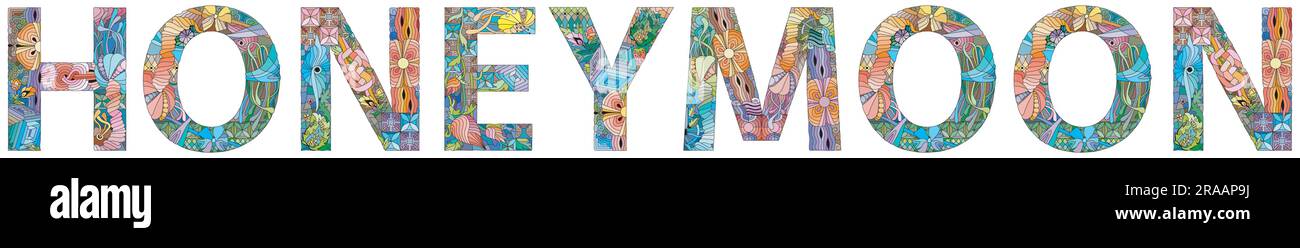 Hand-painted art design. Hand drawn illustration word HONEYMOON for t ...