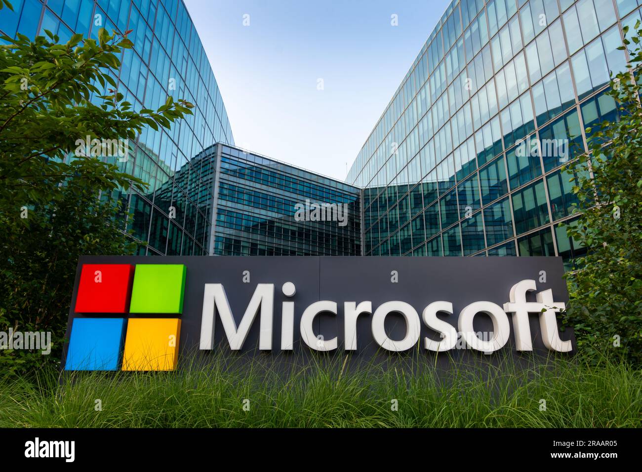 Sign and logo at the French headquarters of Microsoft, an American ...