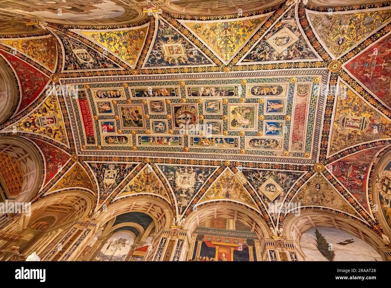 Siena, Italy 02 June 2022 Colorful painted walls of Piccolomini library ...