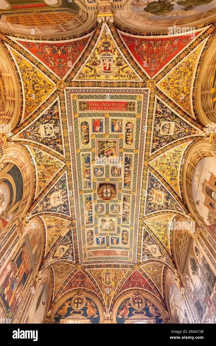 Siena, Italy 02 June 2022 Colorful painted walls of Piccolomini library ...