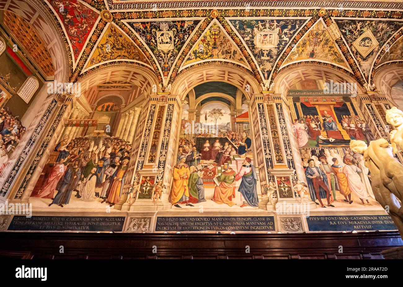 Siena, Italy 02 June 2022 Colorful painted walls of Piccolomini library ...
