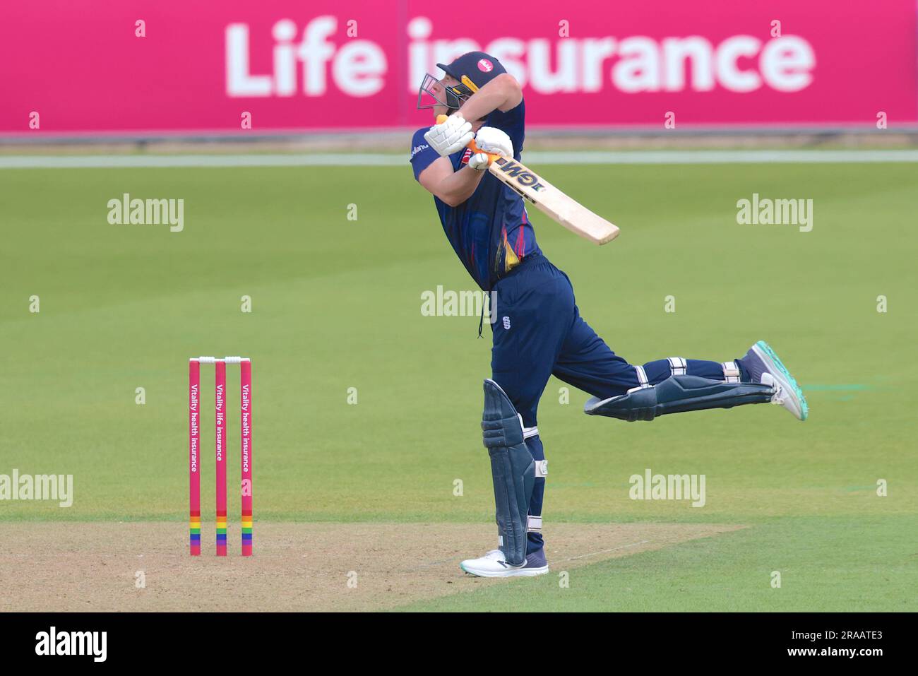 London, UK. 2nd July, 2023. Dan Lawrence of Essex hits a six as Surrey ...
