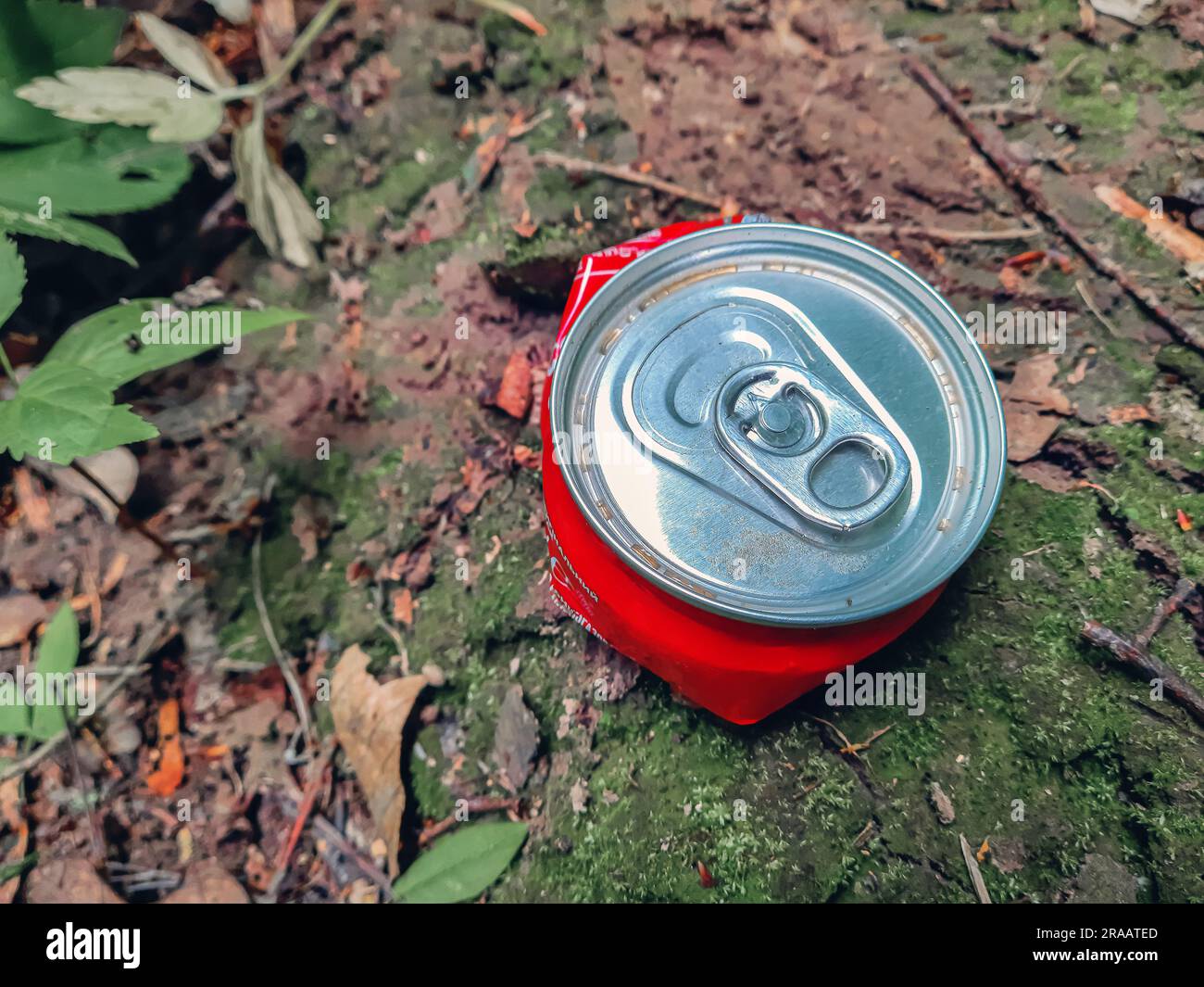 Crushed aluminum can from carbonated drink. Food packaging waste ...
