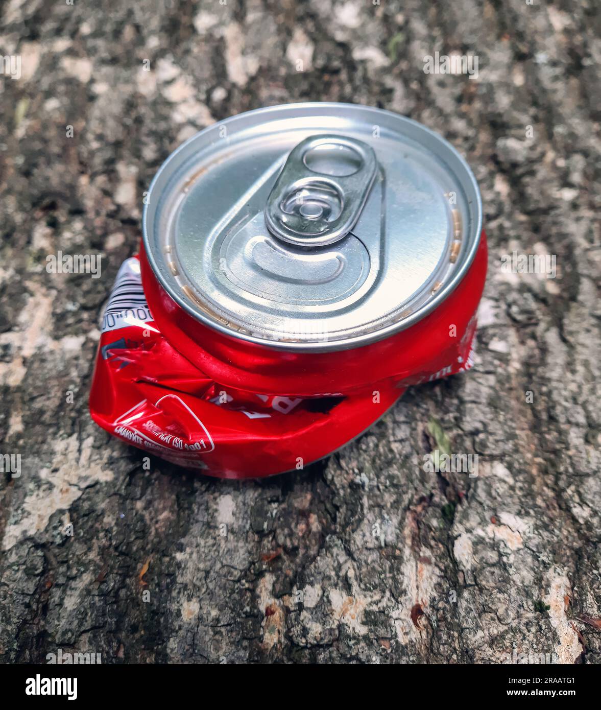 Crushed aluminum can from carbonated drink. Food packaging waste ...