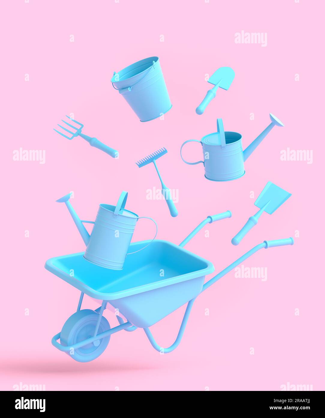 Garden wheelbarrow with garden tools like shovel, rake and fork on ...