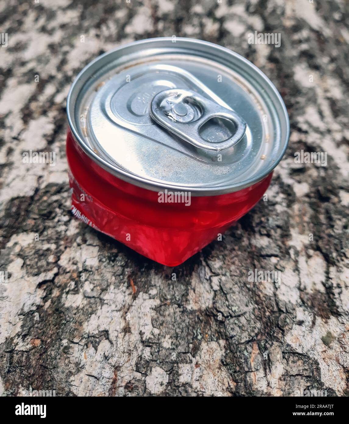 Crushed aluminum can from carbonated drink. Food packaging waste ...