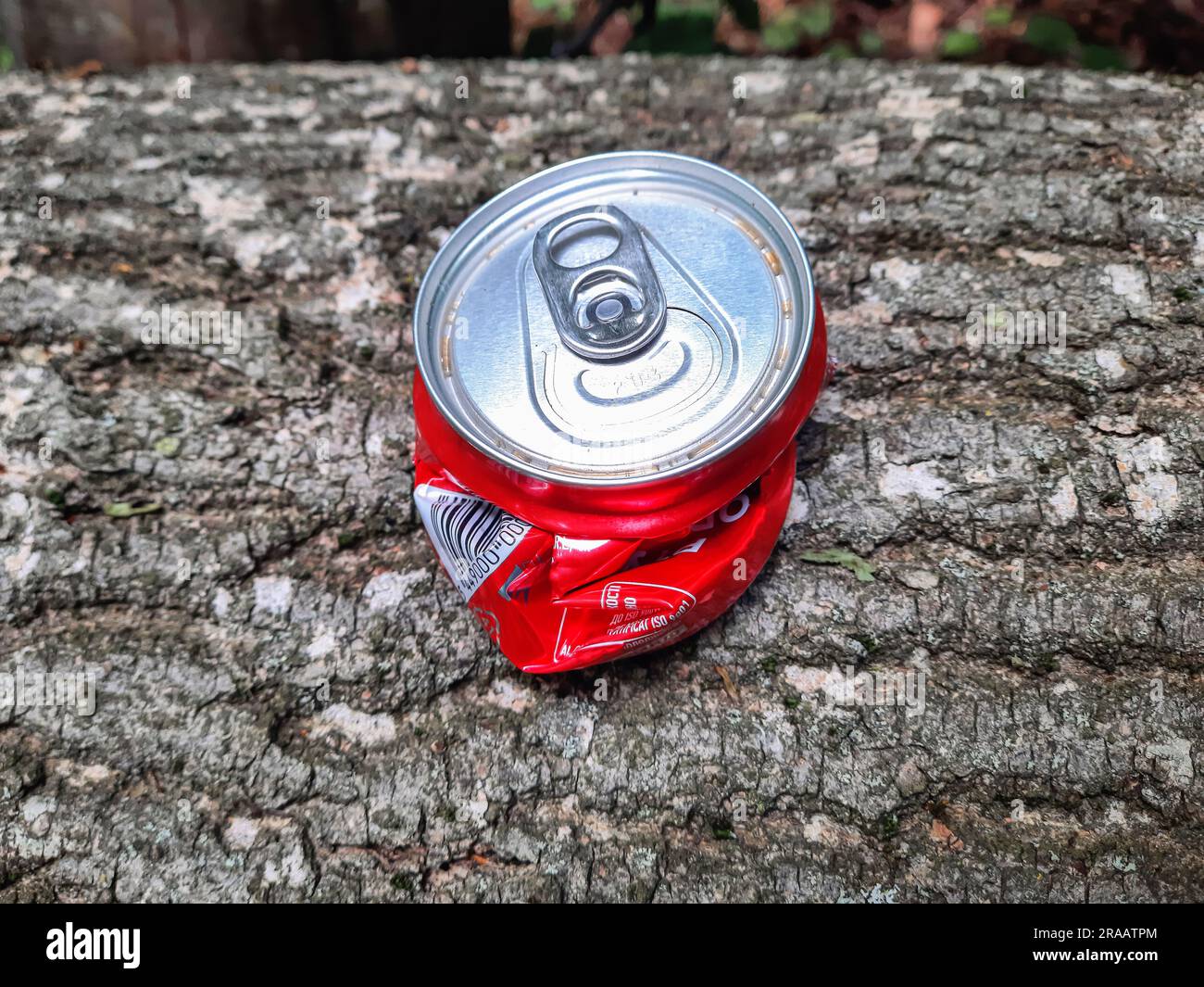 Crushed aluminum can from carbonated drink. Food packaging waste ...