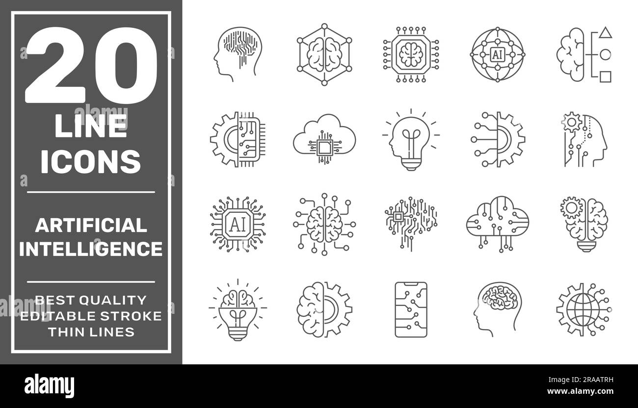 Artificial Intelligence outline icon set with machine learning, smart ...