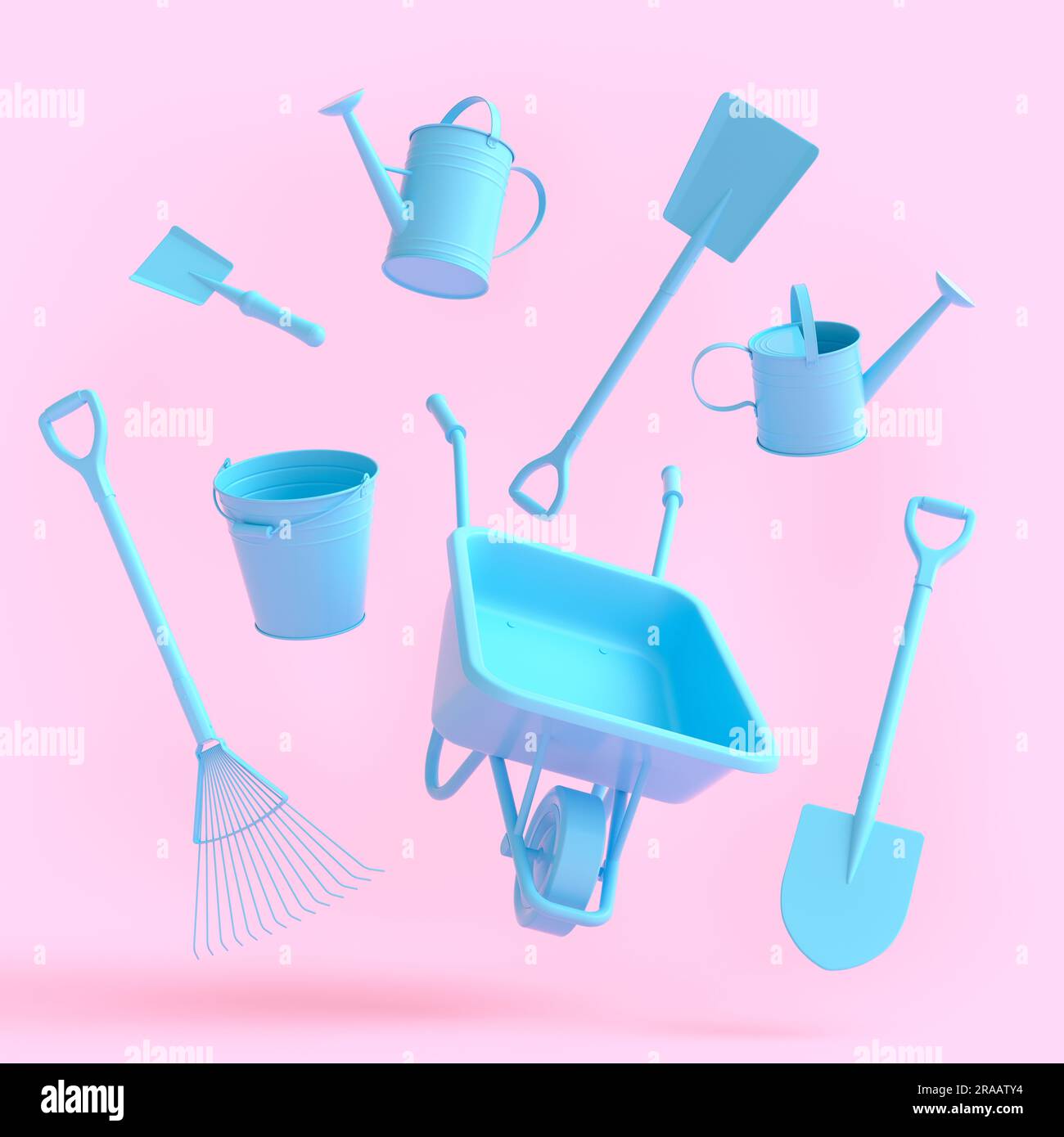 Garden wheelbarrow with garden tools like shovel, rake and fork on ...
