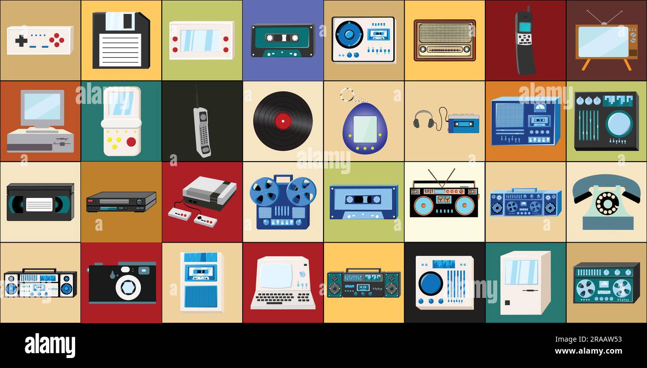 Set of icons old retro vintage hipster tech electronics: cassette audio ...