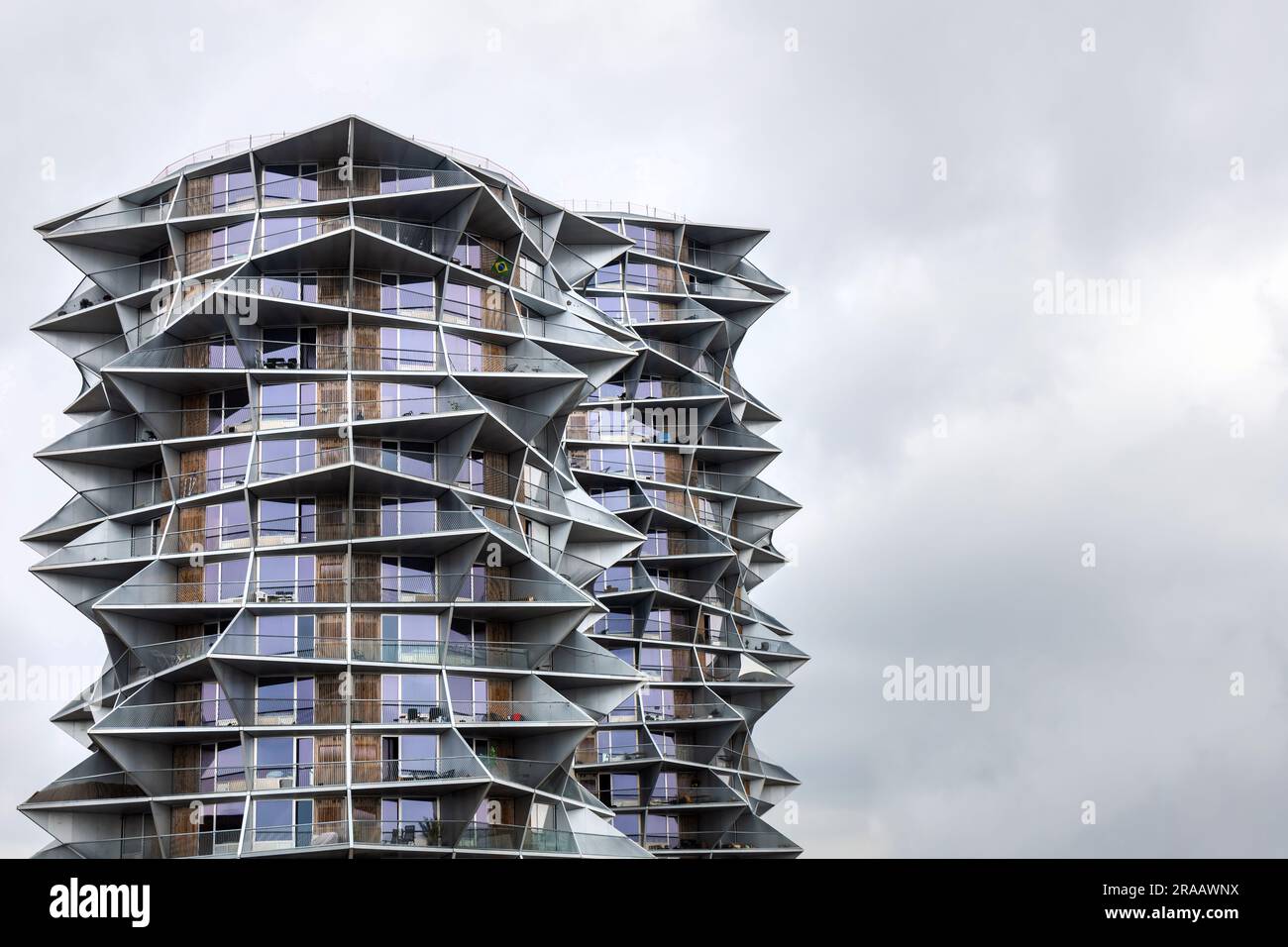 Tall modern residential building against a gray sky. Cactus tower in ...