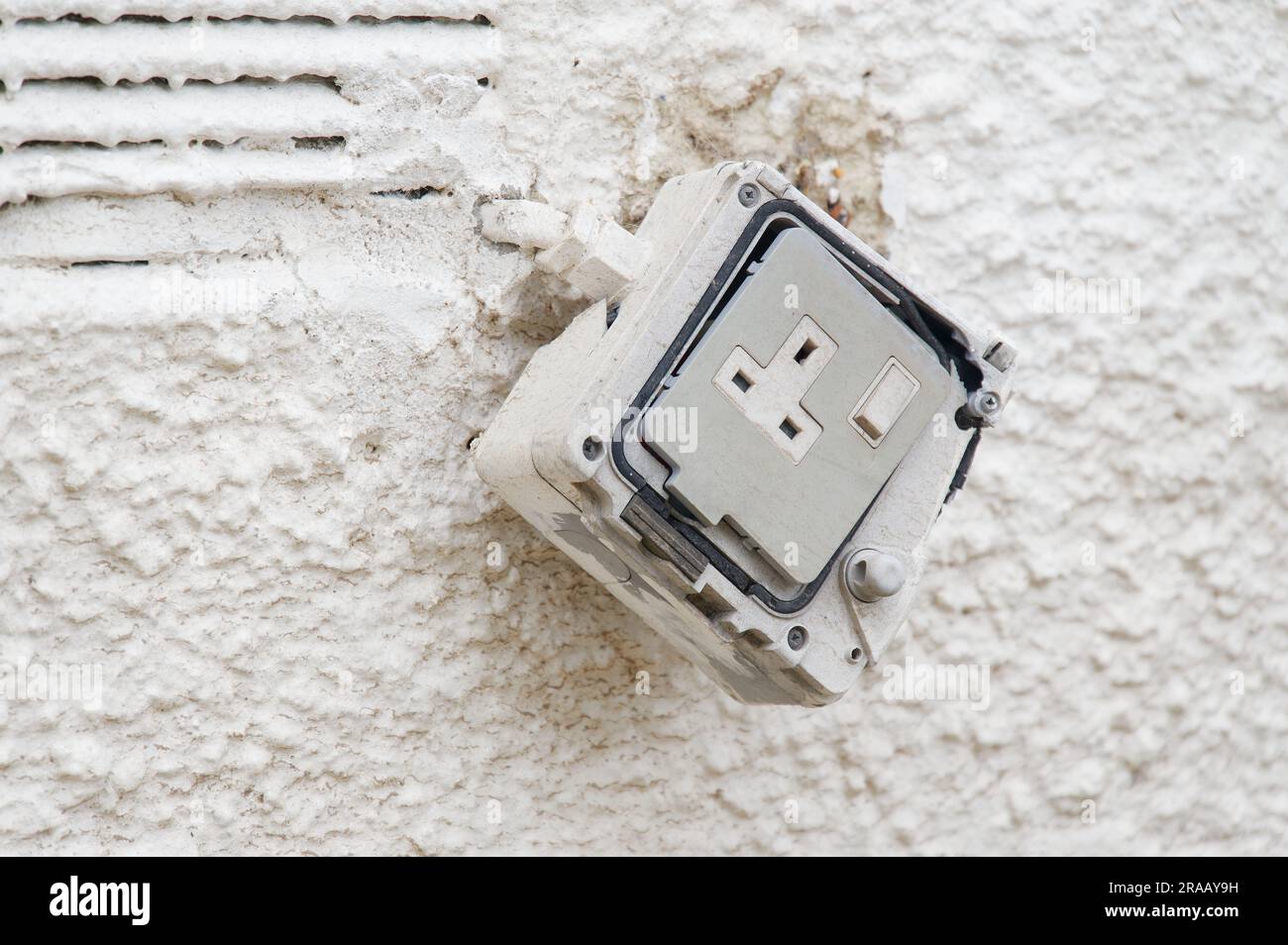 Outdoors electrical socket on wall of building being refurbished Stock ...