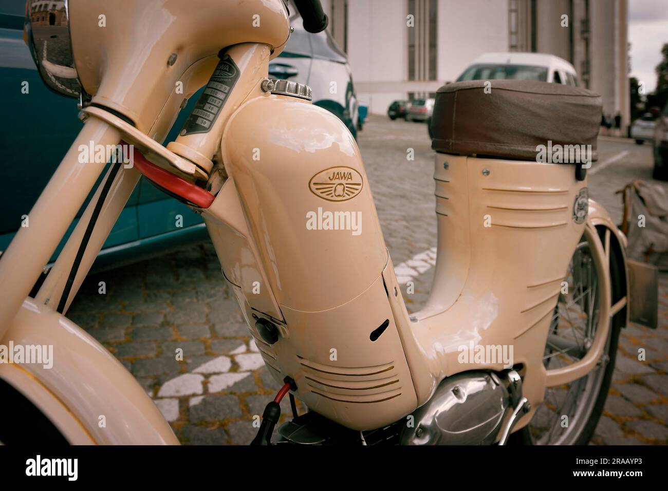 Close-up of logo on fuel tank of JAWA retro motorcycle. Detail of ...