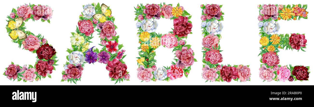 Word SABLE of watercolor peony flowers and butterflies Stock Photo - Alamy