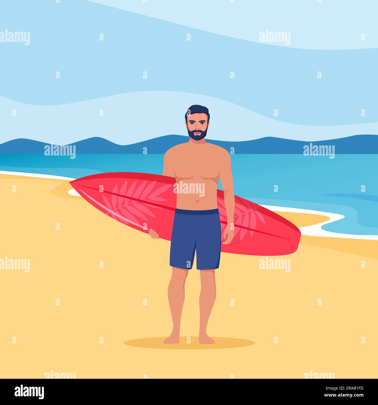 Young Man Surfer With Surfboard Standing On The Beach Smiling Surfer