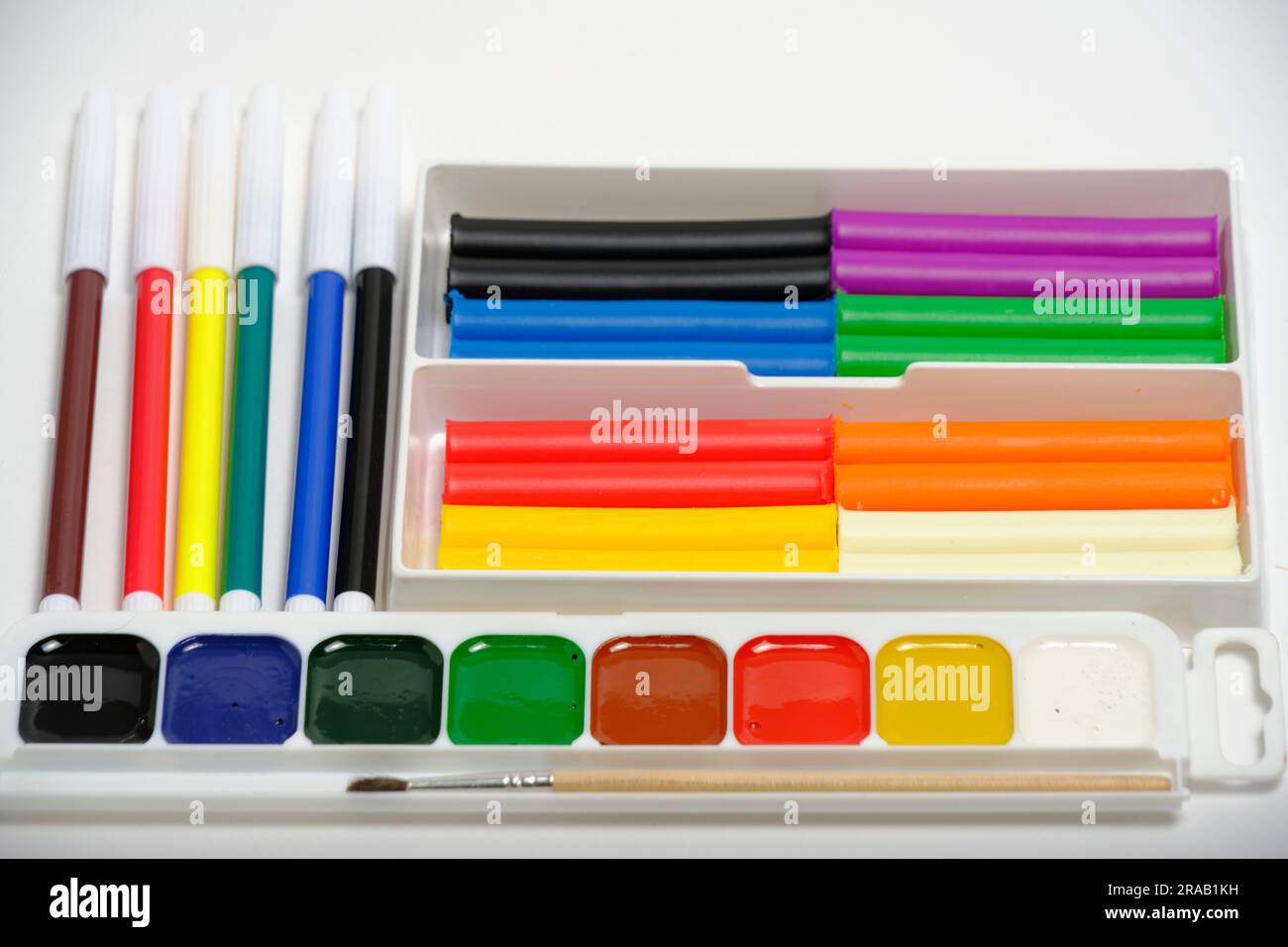 Children, school set for creativity and drawing from watercolor paints ...