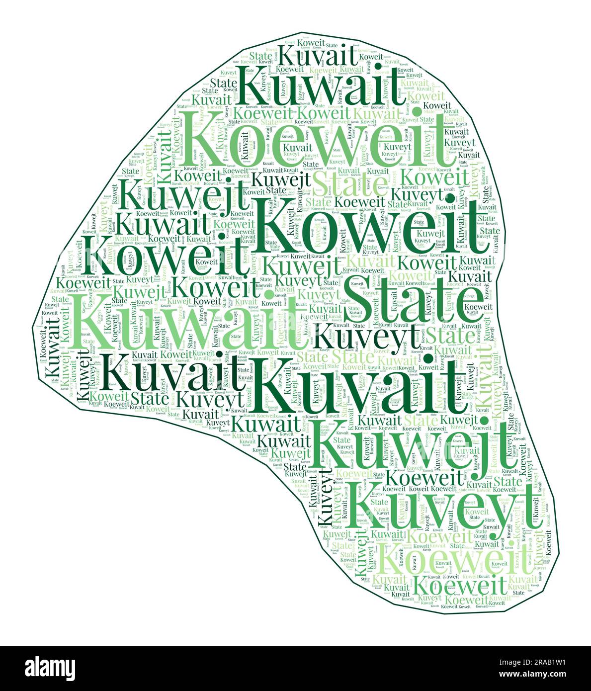 Kuwait shape filled with country name in many languages. Kuwait map in ...