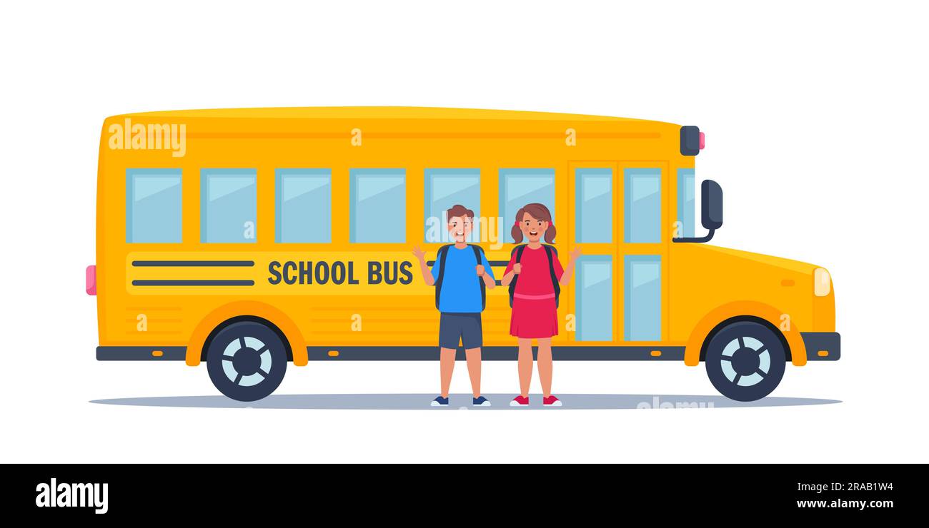 Kids near yellow classic school bus. Back to school concept. Vector ...