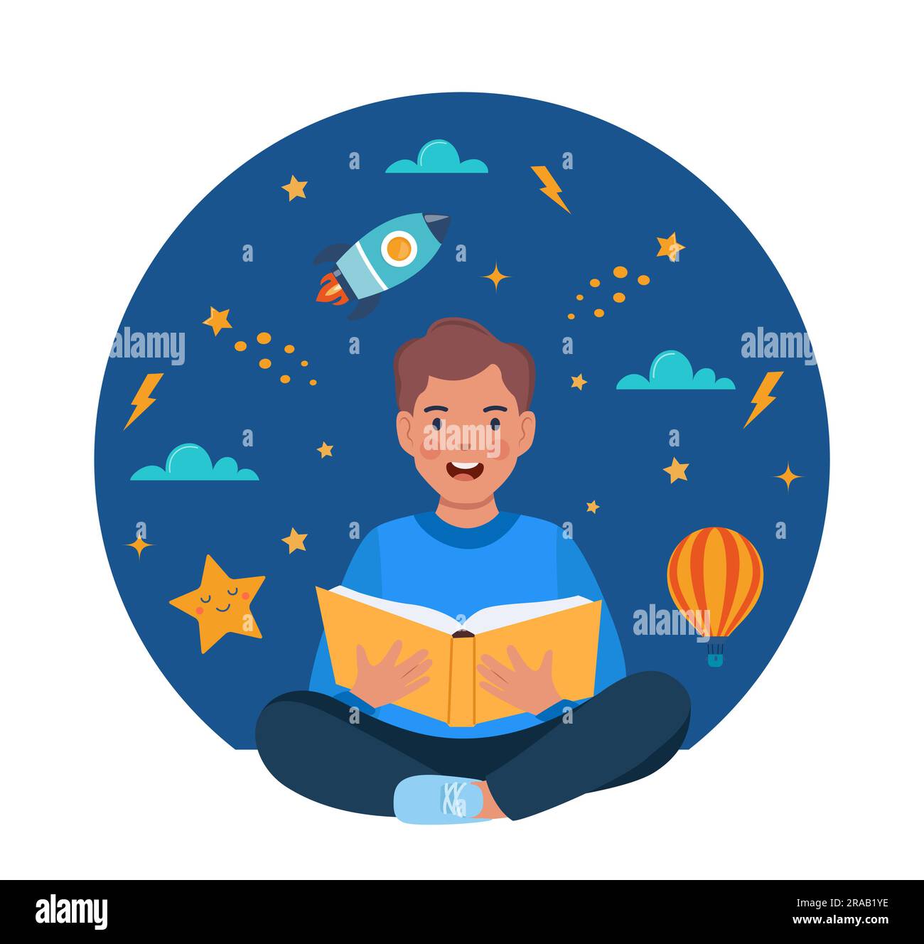 Boy sitting on the floor and reading book. Planet, rocket, star, cloud ...