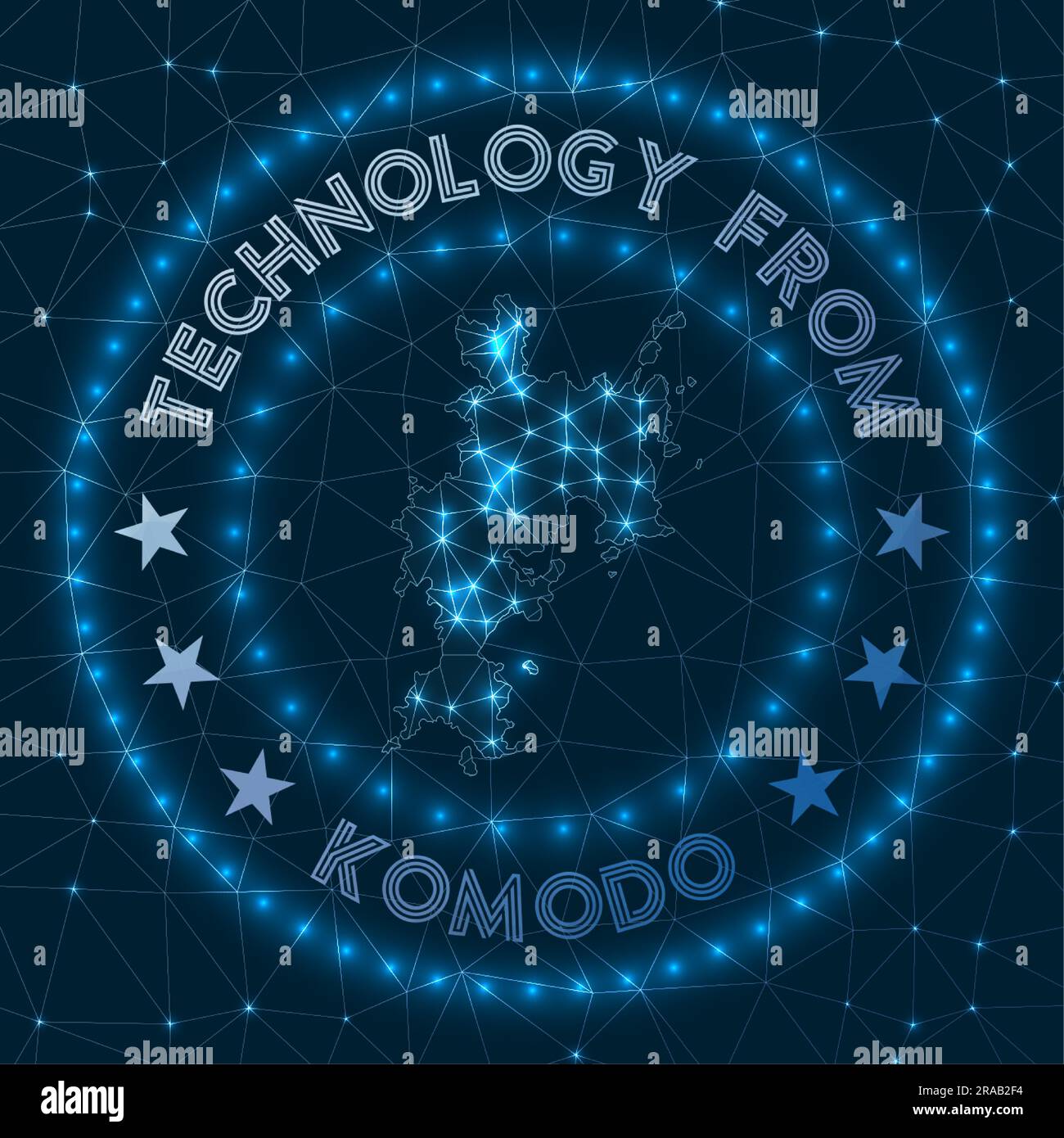 Technology From Komodo. Futuristic geometric badge of the island. Technological concept. Round ...