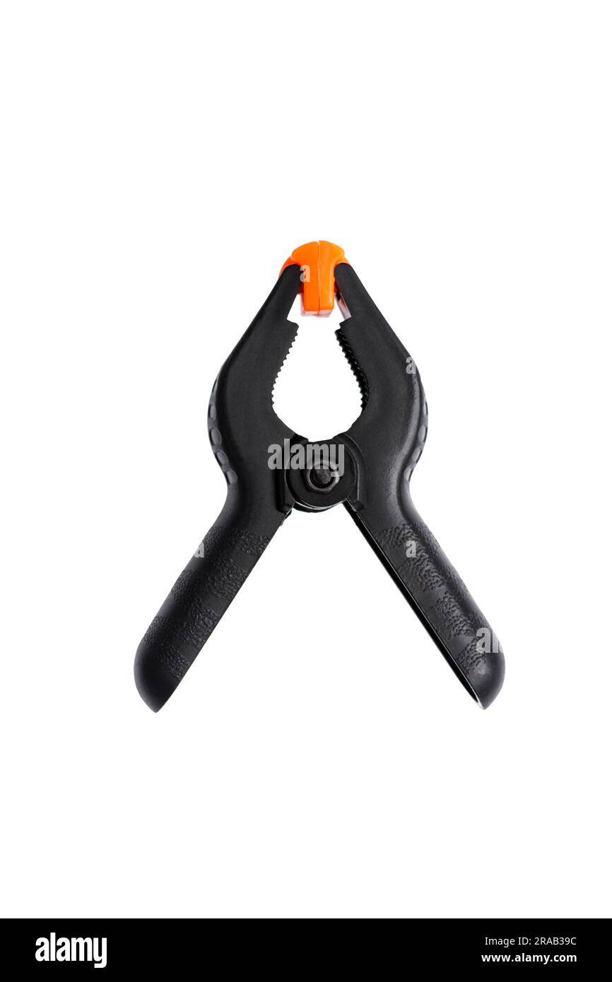 Black plastic clamp isolated on white background Stock Photo - Alamy