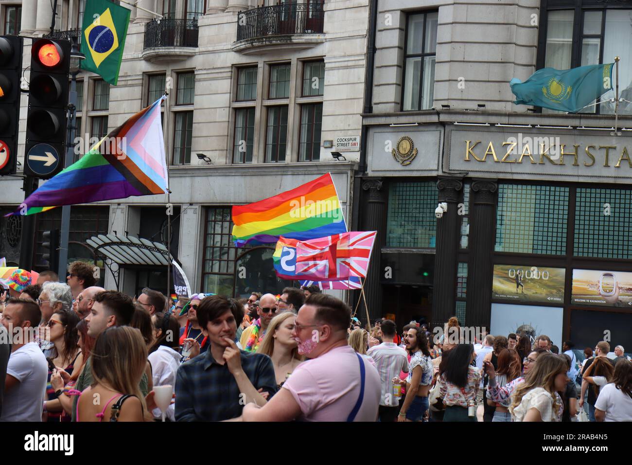Pride, union and NHS flags flying over crowds at London Pride 2023 ...